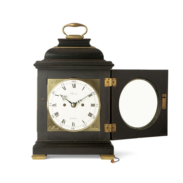 A JOHN ELLICOTT EBONISED STRIKING TABLE CLOCK WITH IMPECCABLE VITREOUS ...