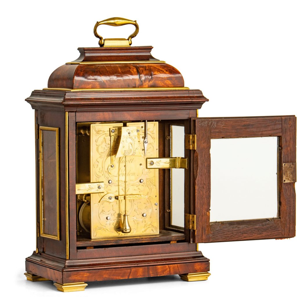 MAHOGANY AND BRASS MOUNTED STRIKING TABLE CLOCK WITH SILVERED DIAL ...