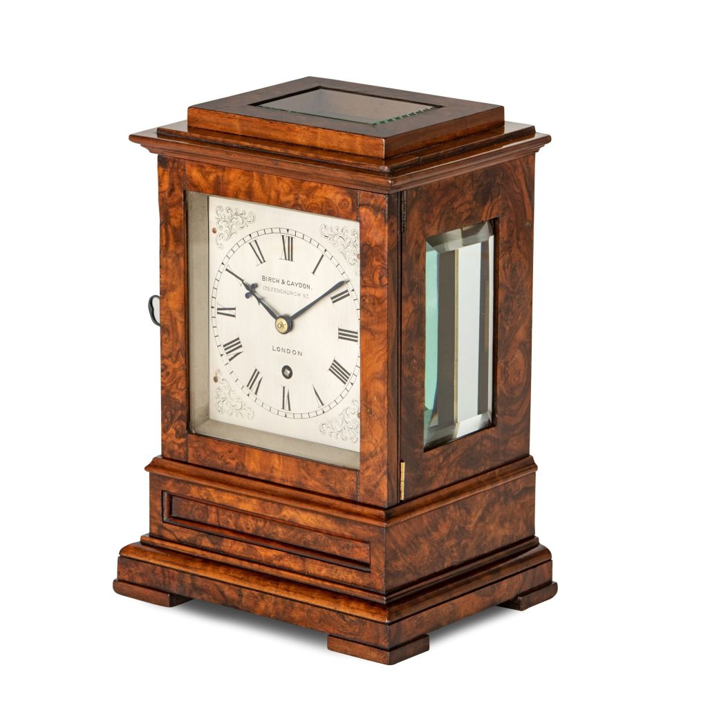 A SMALL BURR WALNUT ENGLISH FIVE-GLASS LIBRARY TIMEPIECE CLOCK – The Antique Clock Company